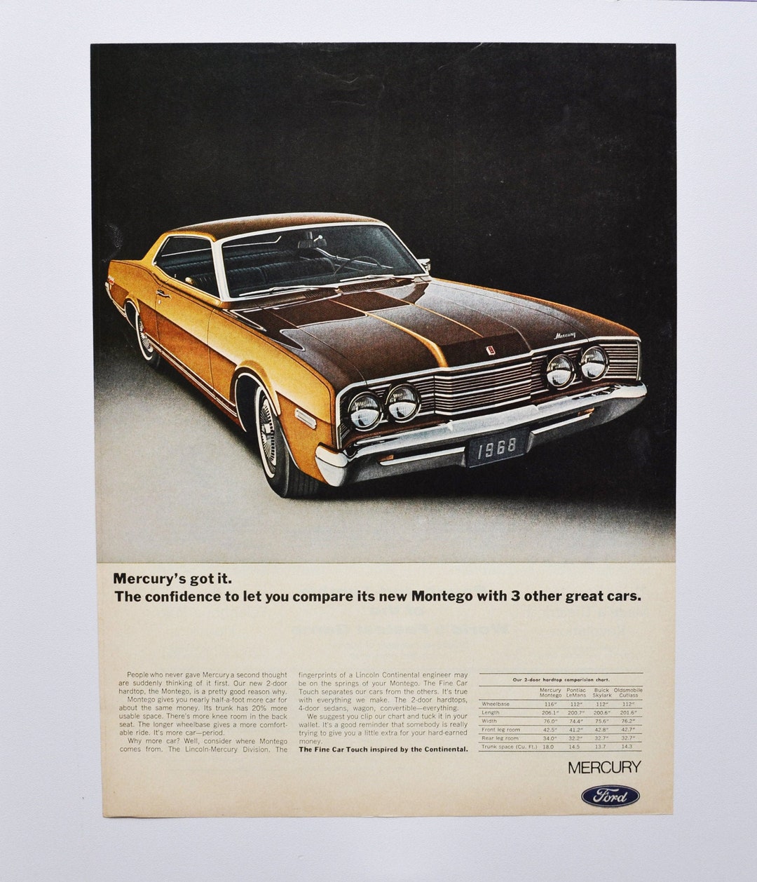 Large Car Ad 1968 Mercury Montego (ford Motor Company Classic Old Photo ...