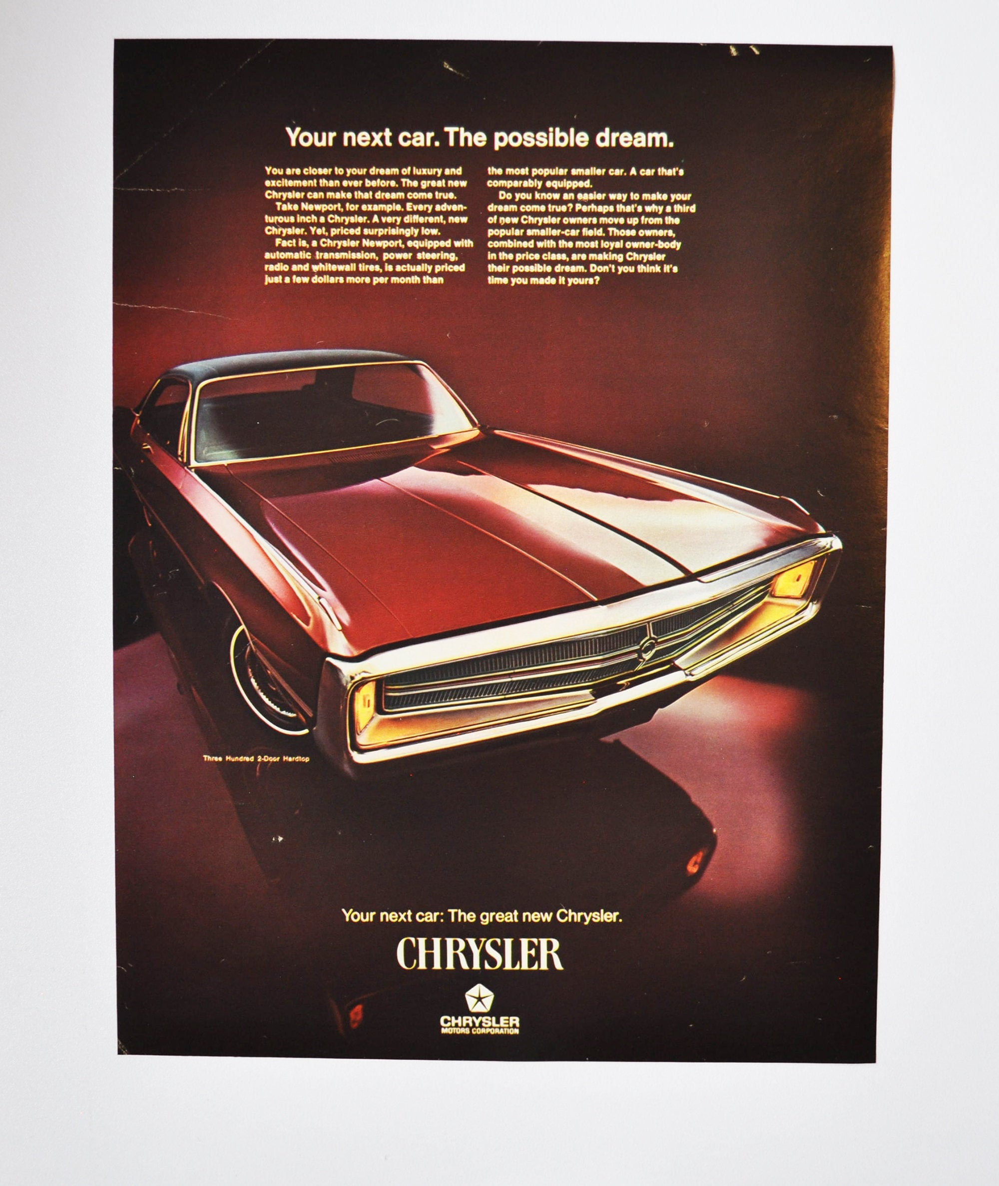 Large Car Ad 1969 Chrysler 300 Three Hundred Hardtop (motor Company ...