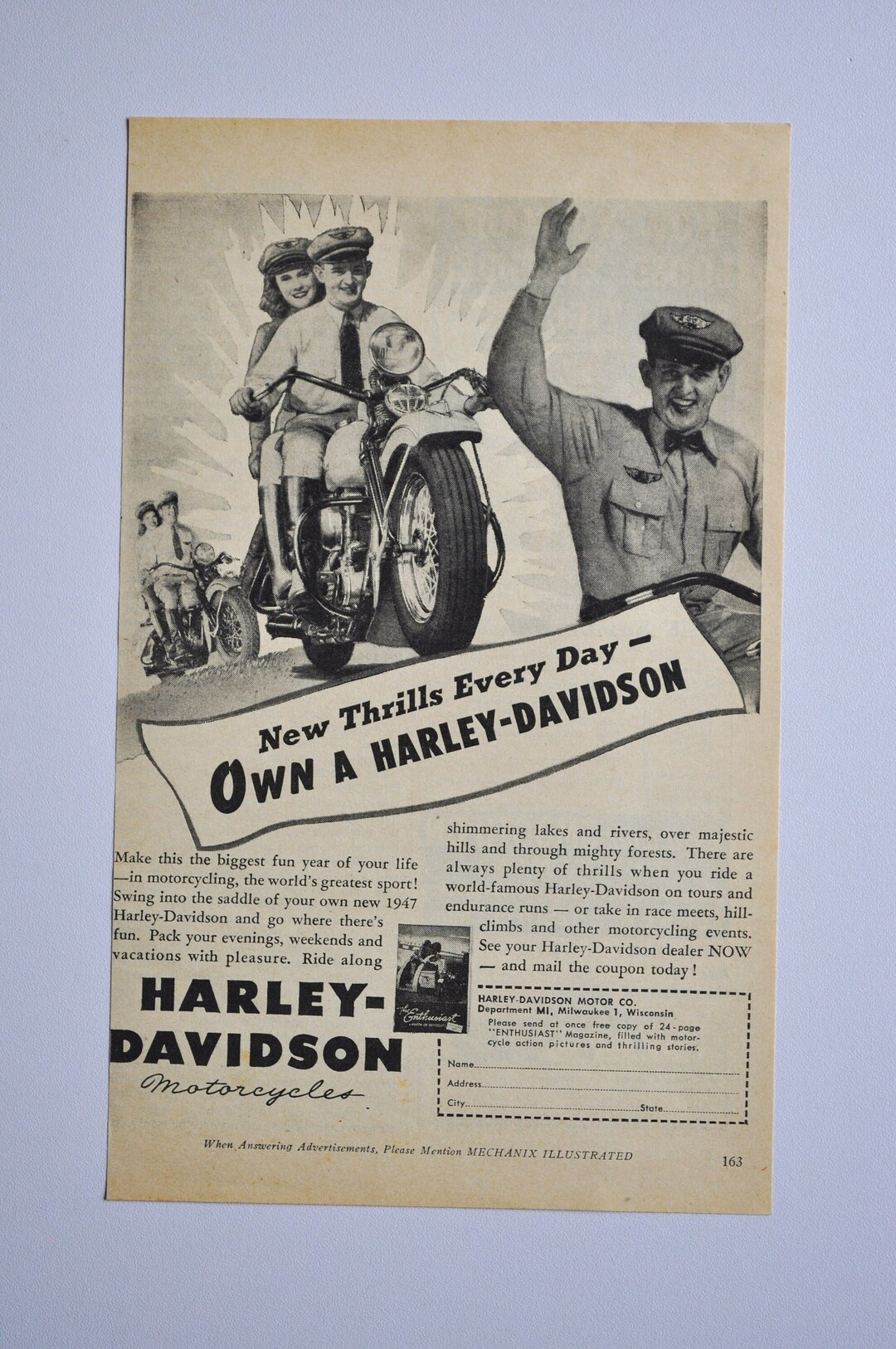 Motorcycle Ad 1947 Harley-davidson (motorbike Company Classic Old Photo ...