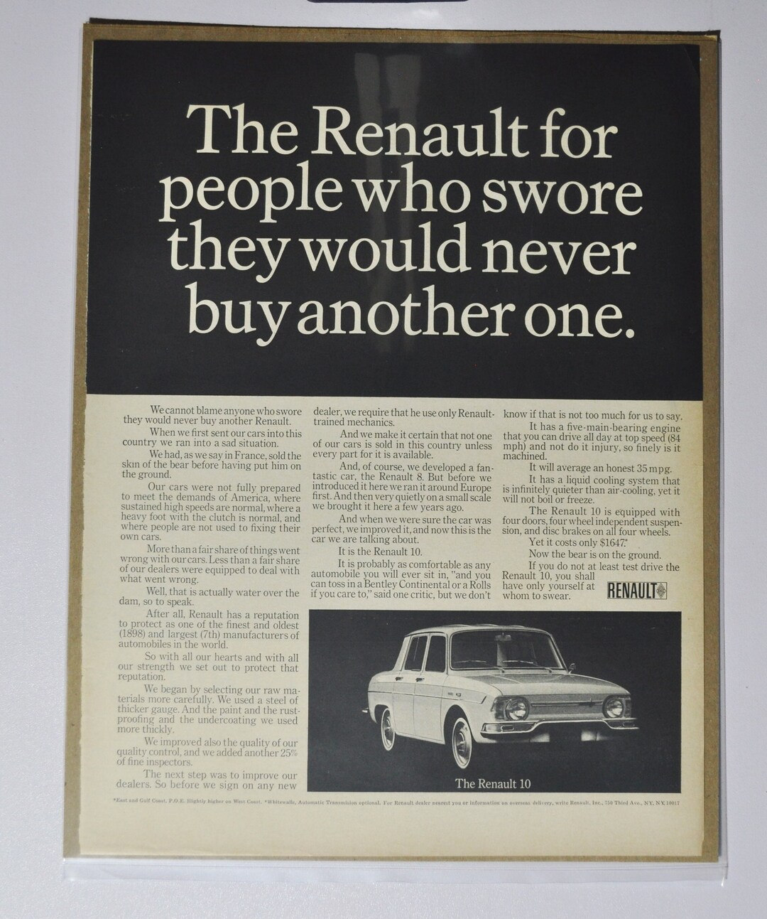 Large Car Ad Renault 10 (motor Company Classic Old Photo Advertisement ...