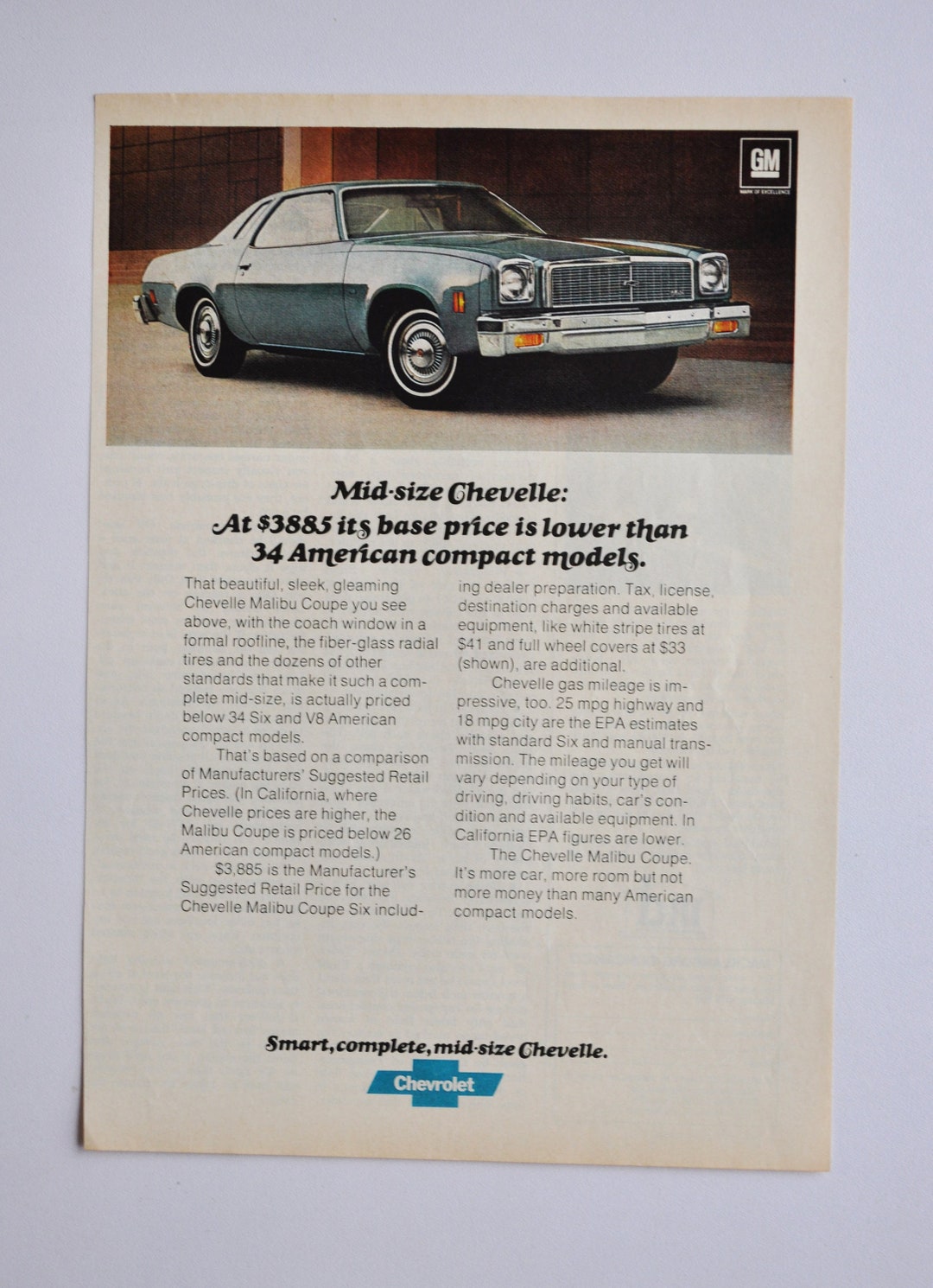 Car Ad Chevrolet Chevelle Malibu Coupe (motor Company Old Classic Photo ...
