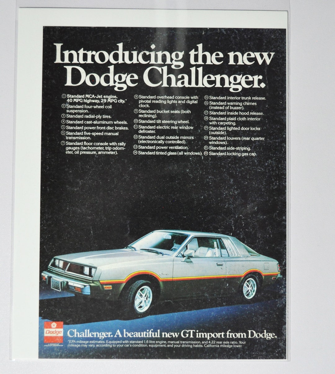 Car Ad 1978 Dodge Challenger (motor Company Classic Old Photo ...
