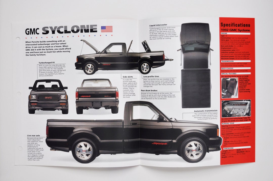 Spec Sheet GMC Syclone 1991-1992 car Photo Stat Info Specs Brochure ...