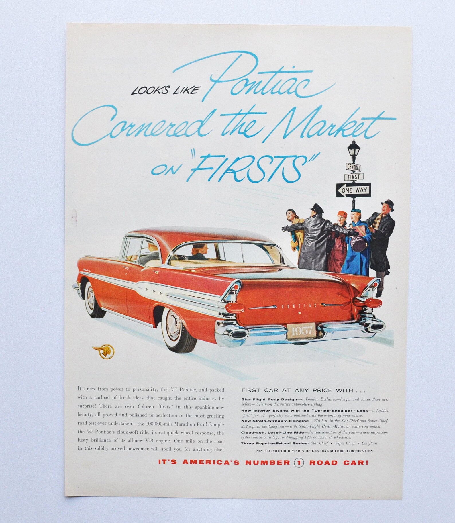 Large Car Ad 1957 Pontiac (GM General Motors Company Classic Old Photo ...