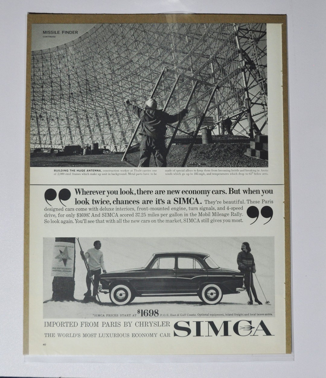 Large Car Ad 1960's Simca motor Company Classic Old Photo - Etsy