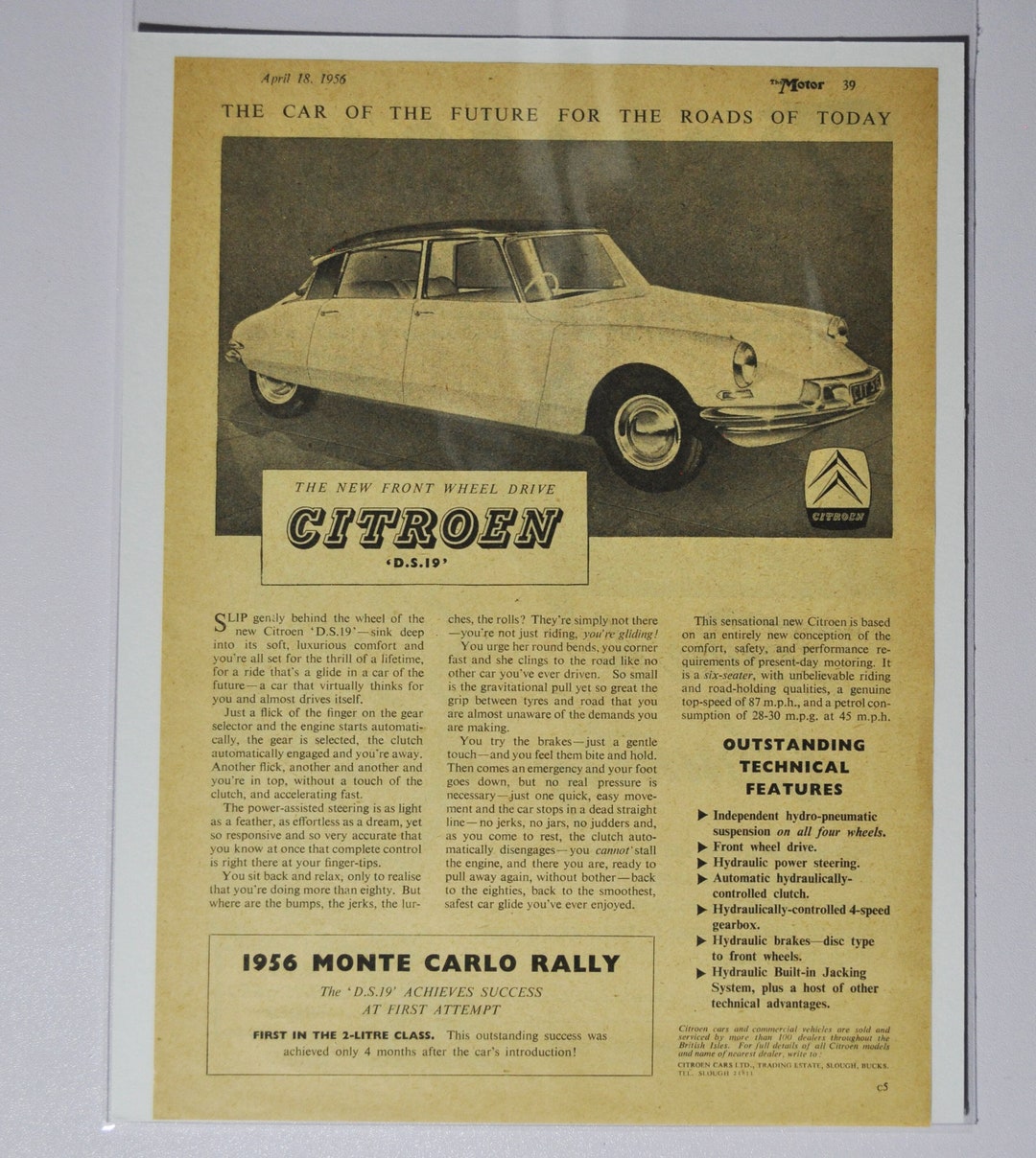 Car Ad 1956 Citroen D.S.19 (motor Company Classic Old Photo ...