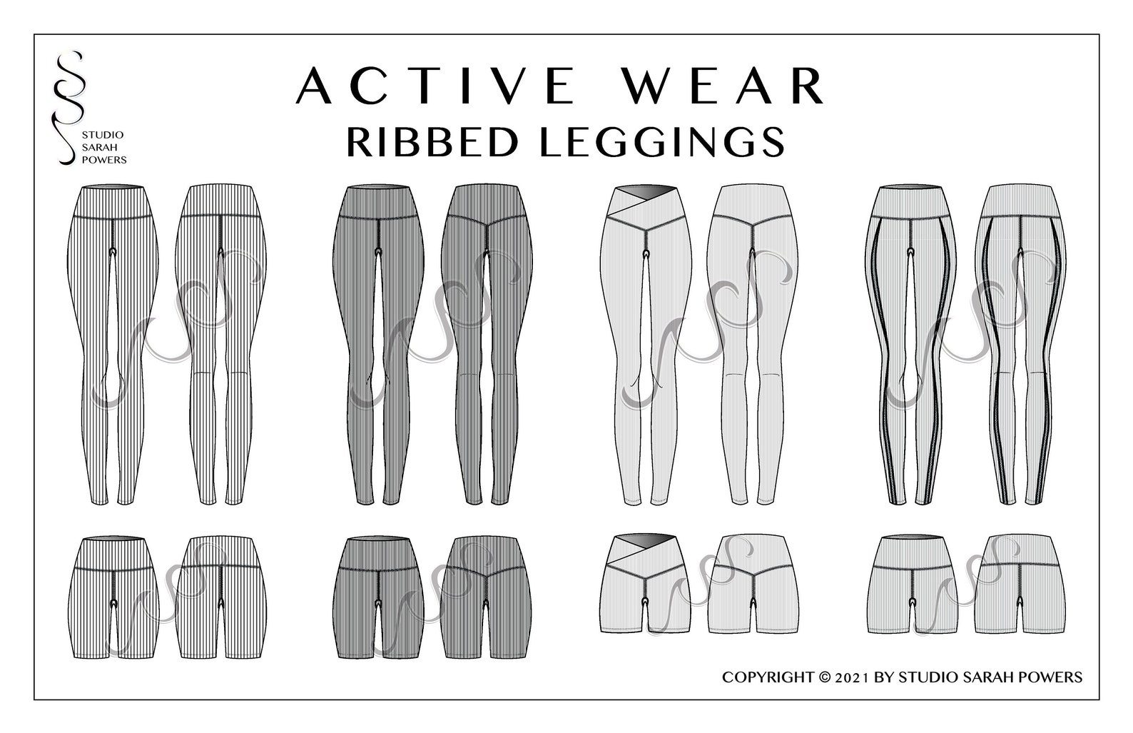 ACTIVE WEAR Leggings Fashion Design CAD Technical Vector Flat Sketches ...