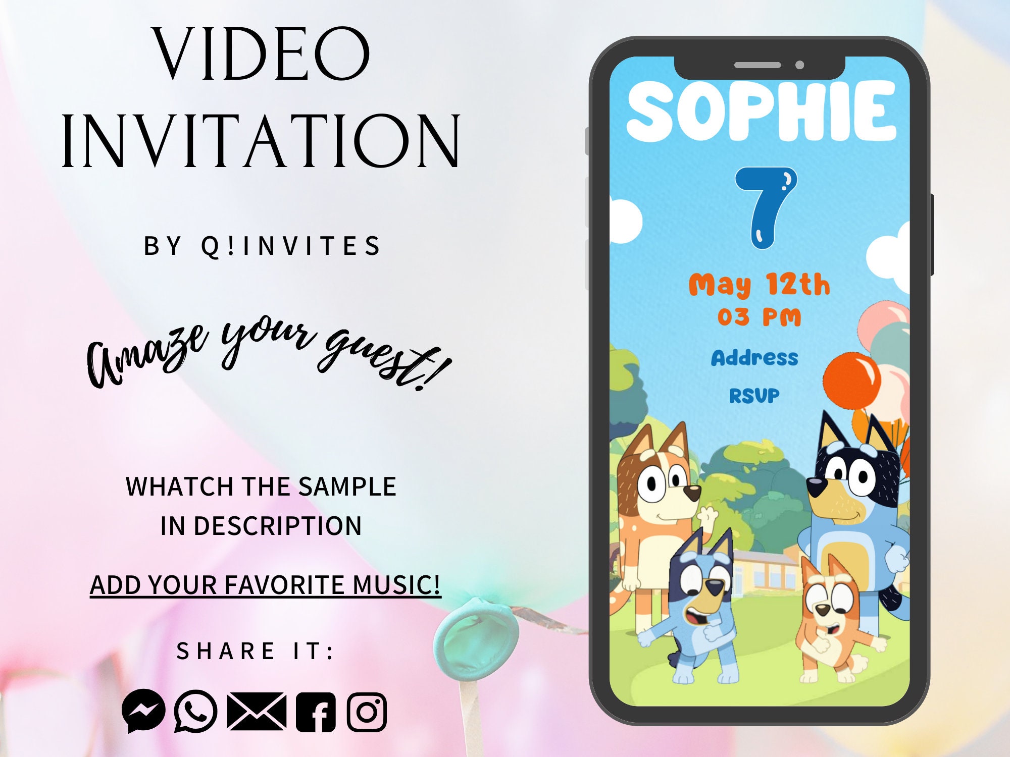 Bluey ,bluey Invitation, Bluey Party, Bluey Video, Bluey Animated ...