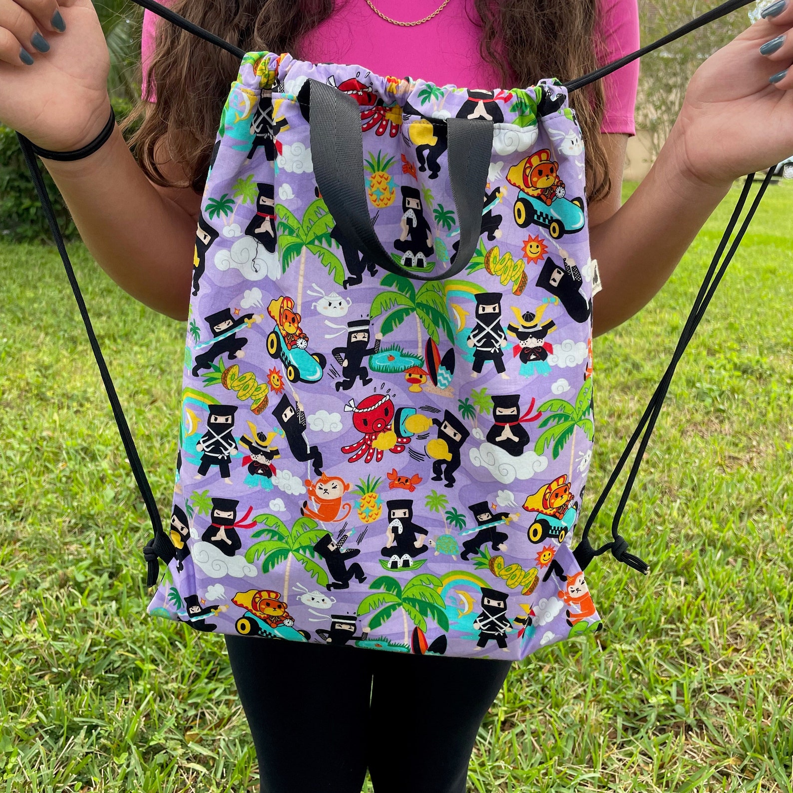Drawstring Backpack With Handles, Anime Cotton Print Drawstring Bag ...