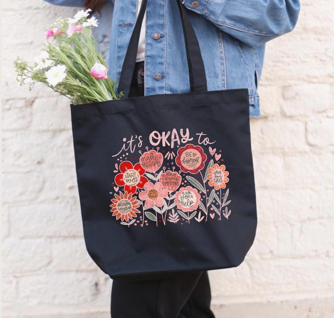 Mental Health Floral Canvas Tote Bag: Inspirational Eco-friendly Bag - Etsy