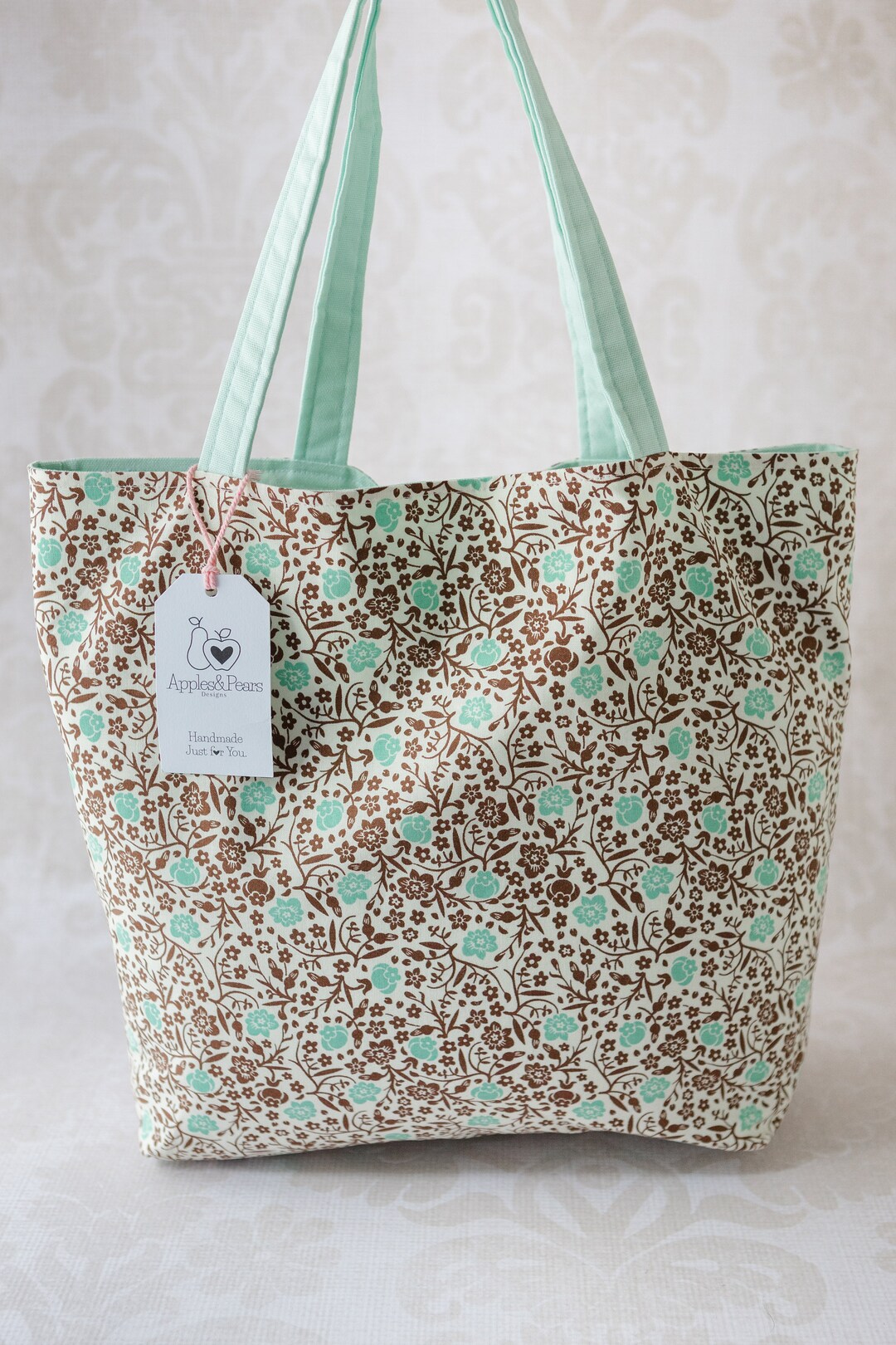 Women's Handmade Tote Bag, Teal Floral Shoulder Handbag, Cotton Tote ...