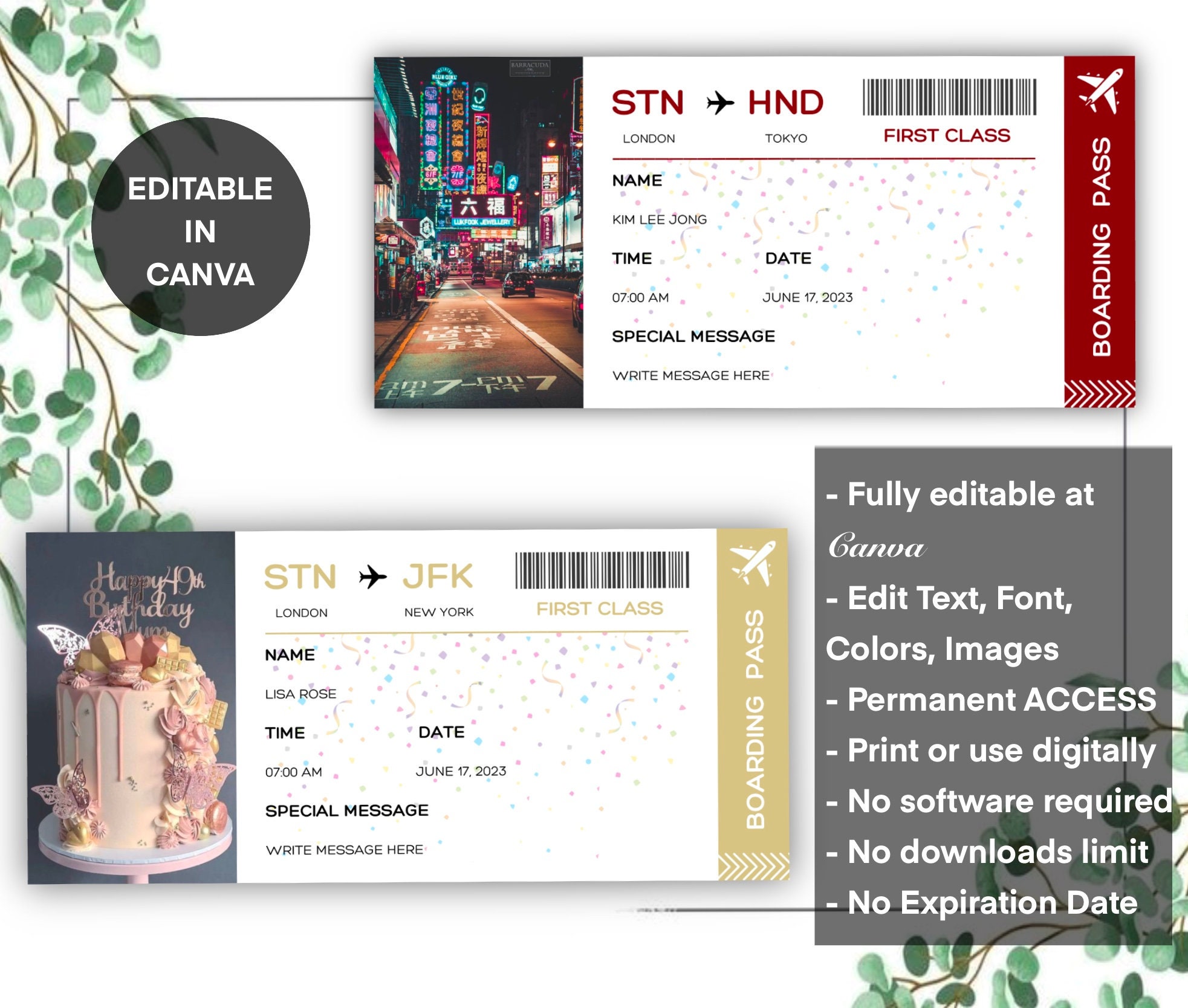 Editable Boarding Pass Template, Printable Airline Flight Ticket, Canva ...
