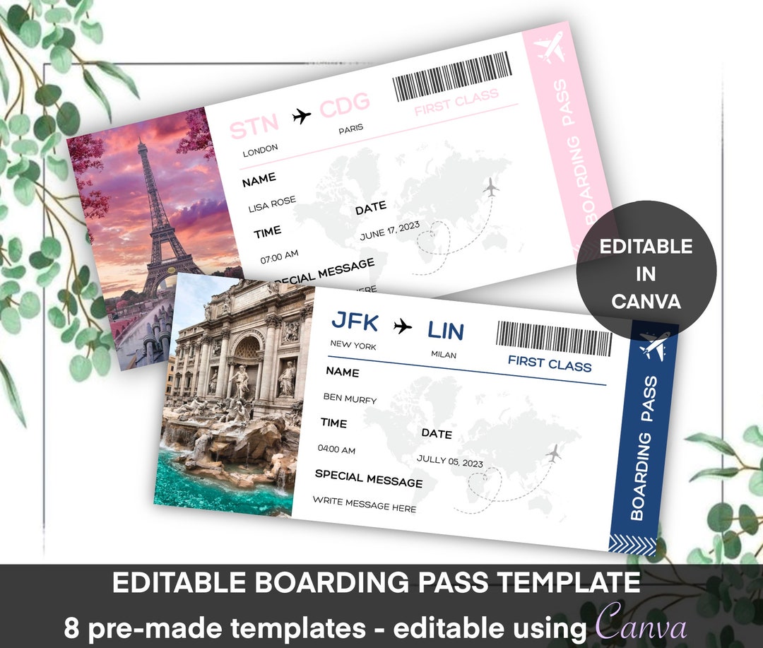 Editable Boarding Pass Template, Printable Airline Flight Ticket, Canva ...