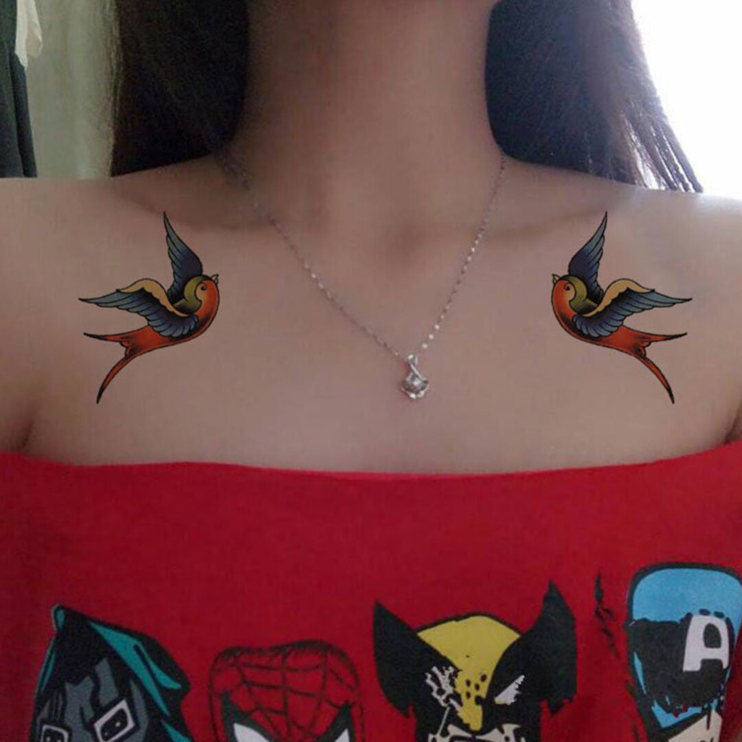 Set Of 2 Colorful Swallow Bird Temporary Tattoo Vintage Fake Etsy