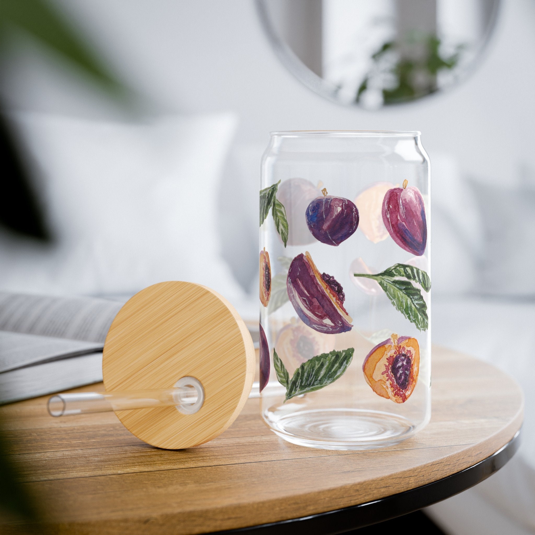 Plum Glass Tumbler With Straw and Bamboo Lid Can Tumbler, Watercolor ...