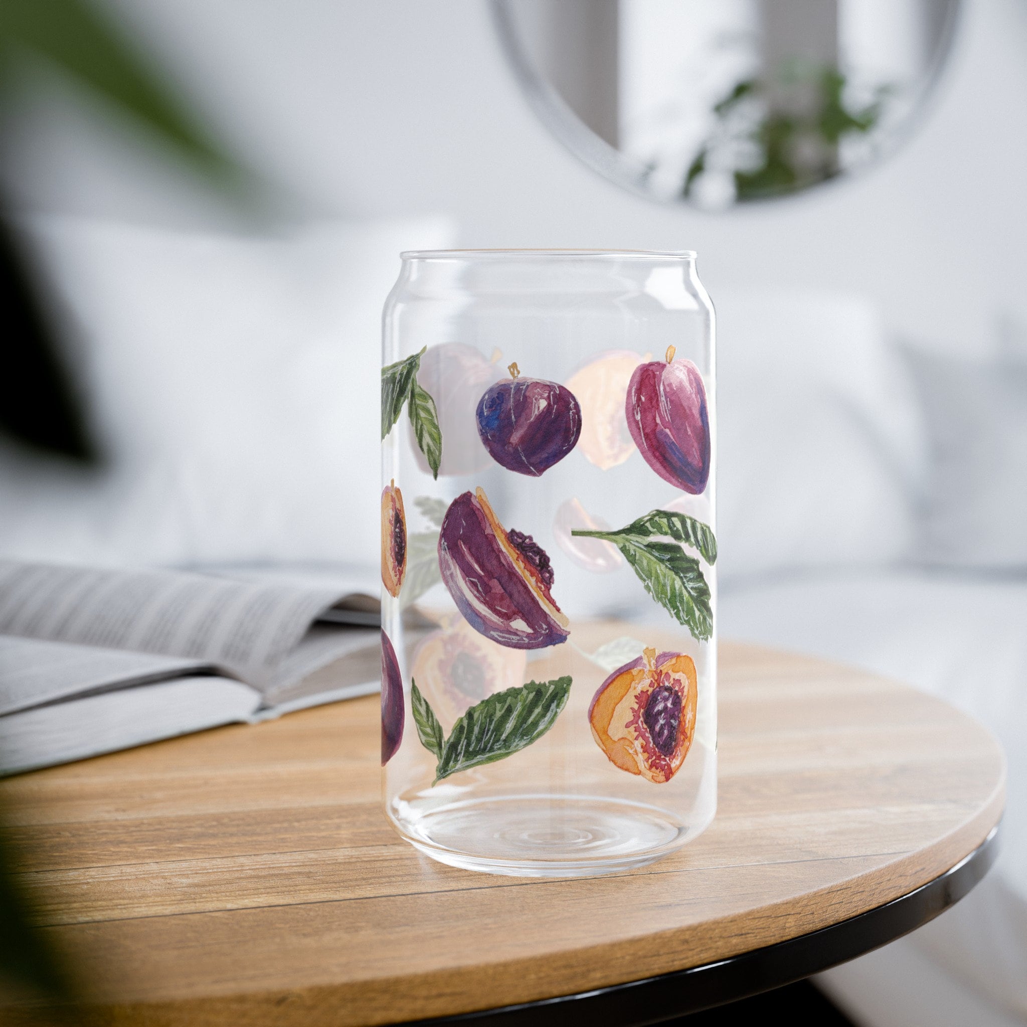 Plum Glass Tumbler With Straw and Bamboo Lid Can Tumbler, Watercolor ...