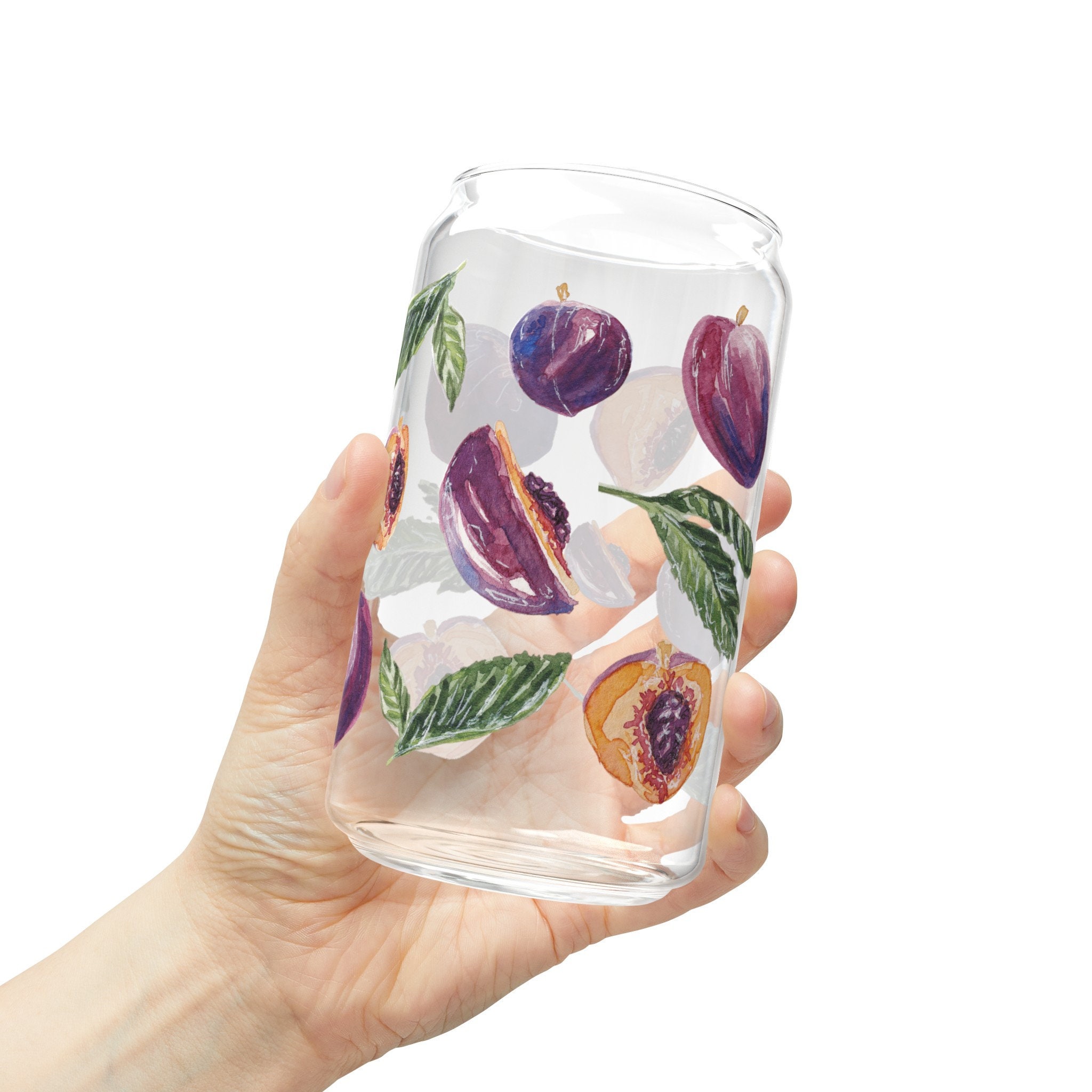 Plum Glass Tumbler With Straw and Bamboo Lid Can Tumbler, Watercolor ...