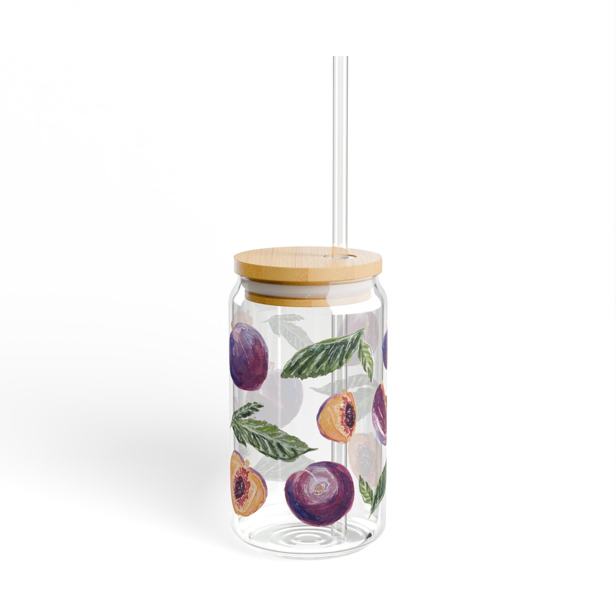 Plum Glass Tumbler With Straw and Bamboo Lid Can Tumbler, Watercolor ...