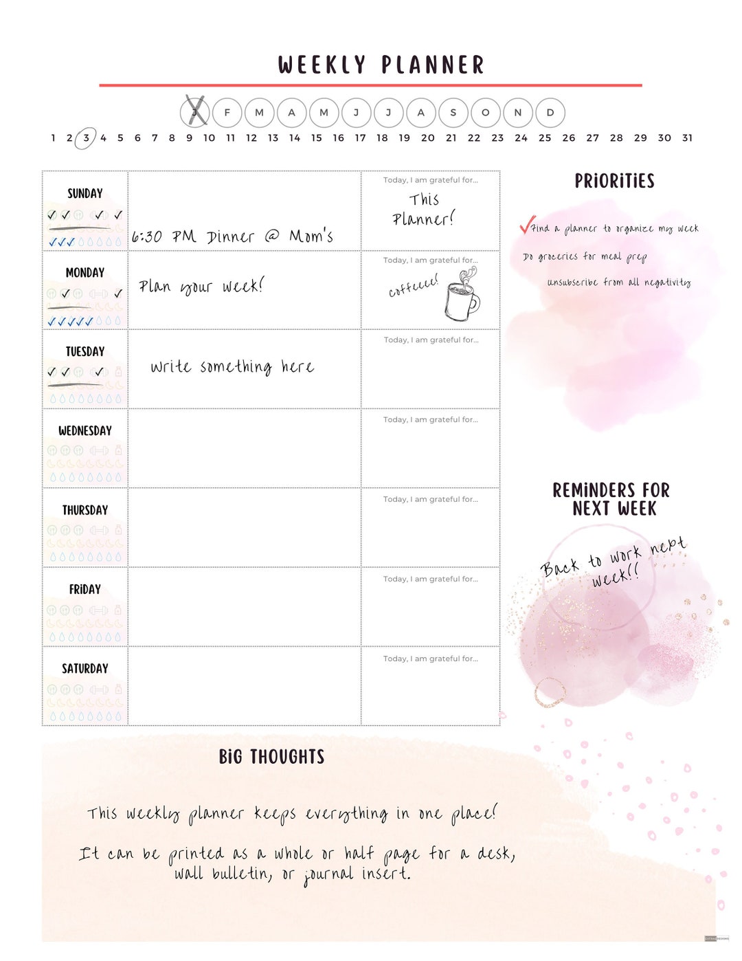 Weekly Planner | Single Page PDF Printable - Etsy