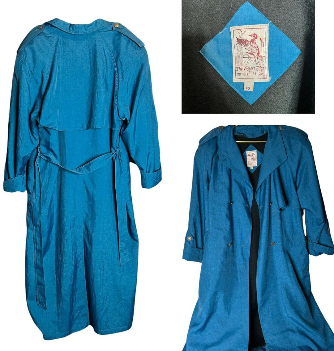 Retro THE WATERS EDGE Trench Belted Coat Sz 12 Blue Removable Lining 3/ ...