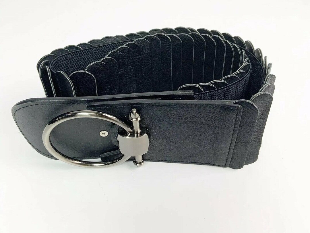 Retro 80s Accordion Black Belt Large FAUX LEATHER Silver Hardware Hook ...