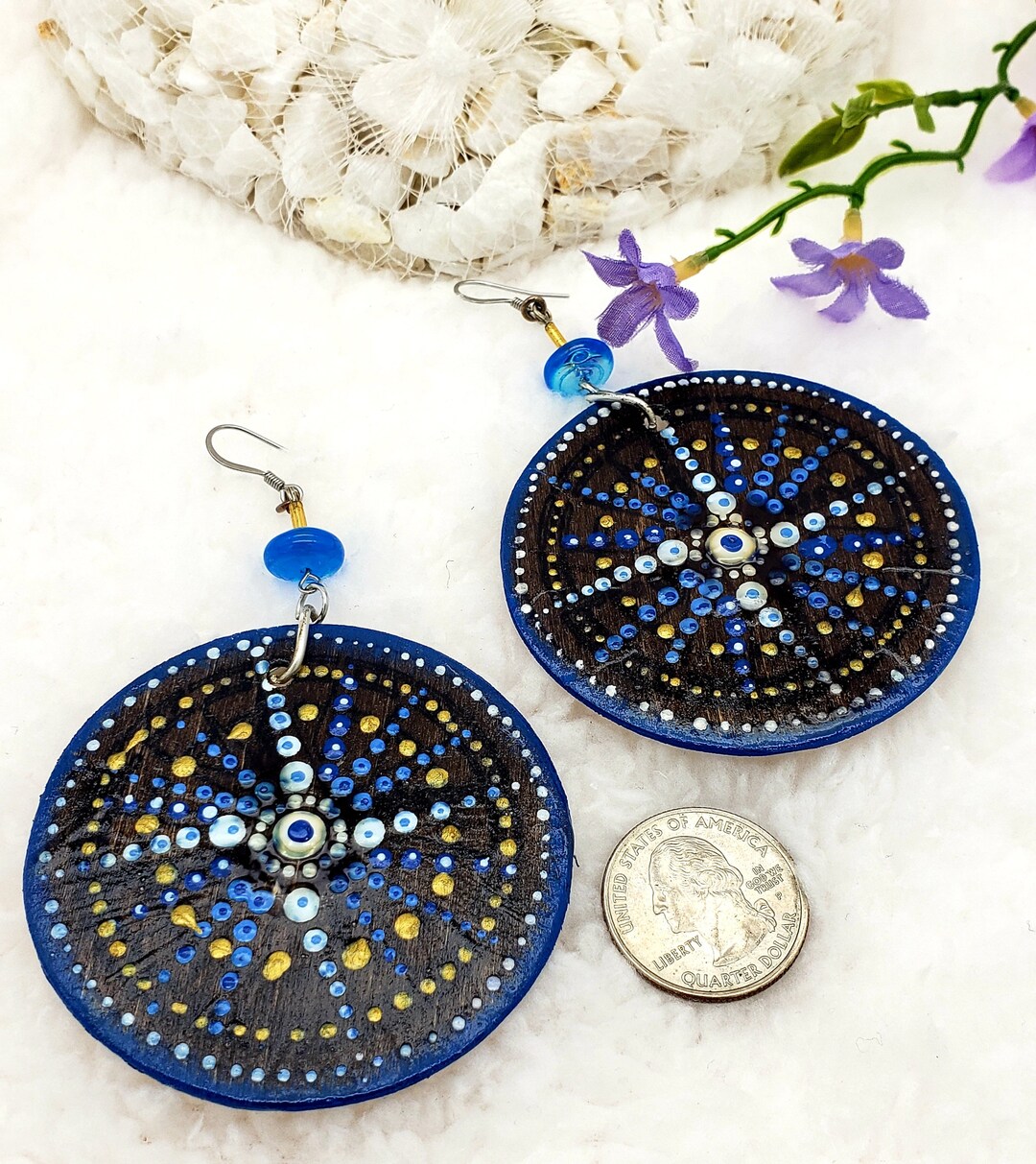 Medallion Earrings | Wood Earrings | Hand Painted Wood Earrings | Black ...