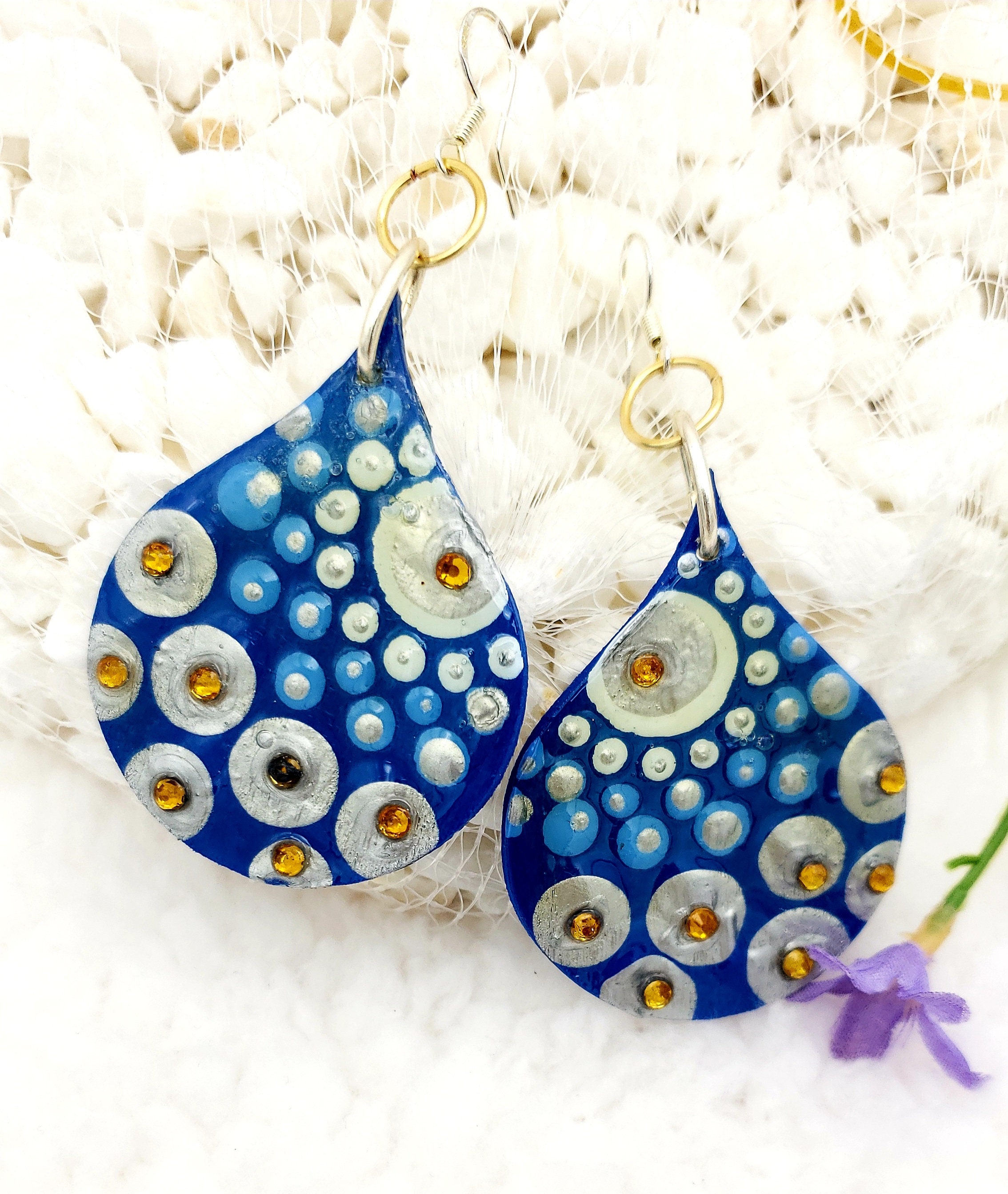 Blue Hand Painted Wooden Earrings | Wooden Boho Earrings | Statement ...