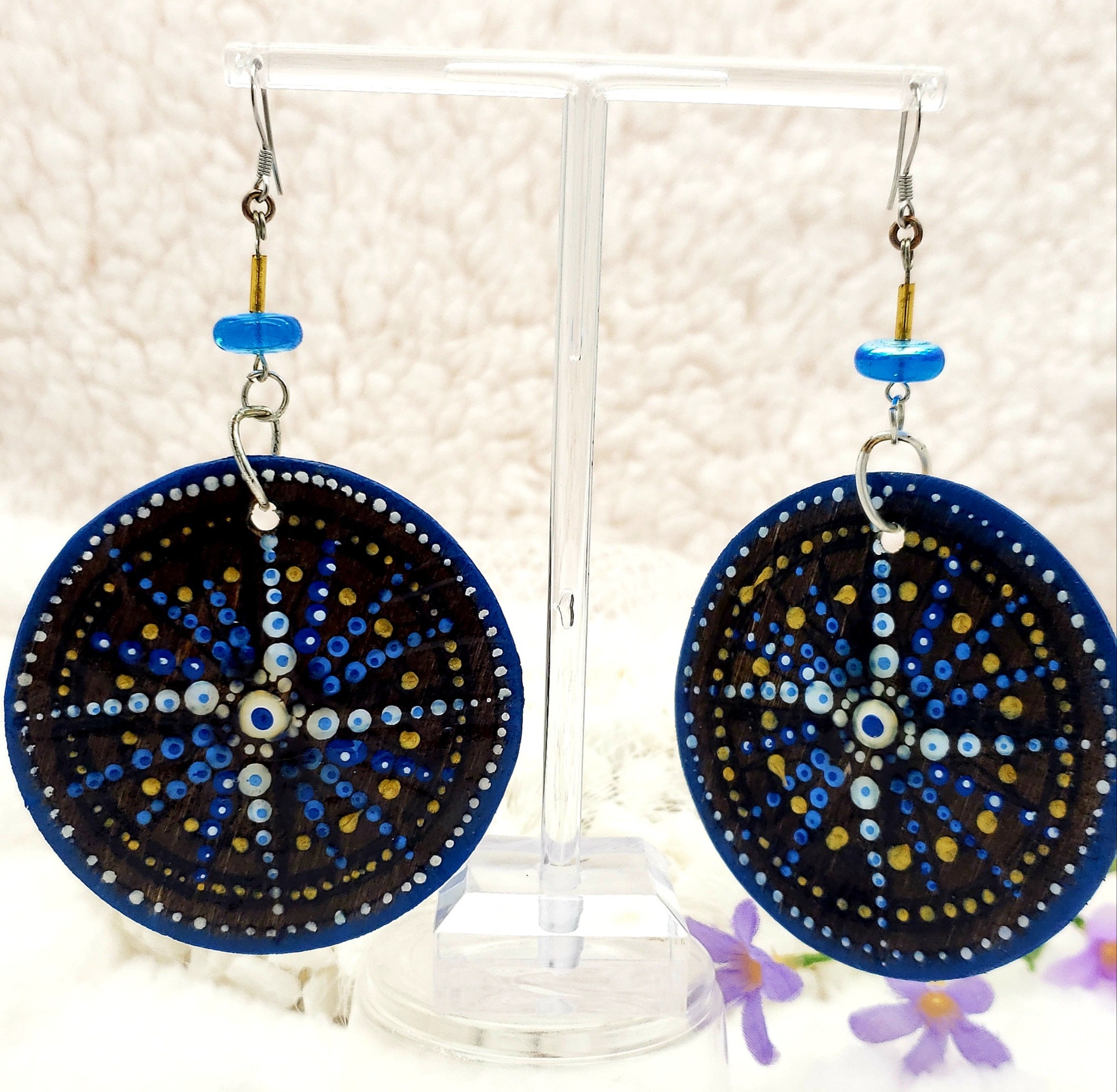 Medallion Earrings | Wood Earrings | Hand Painted Wood Earrings | Black ...