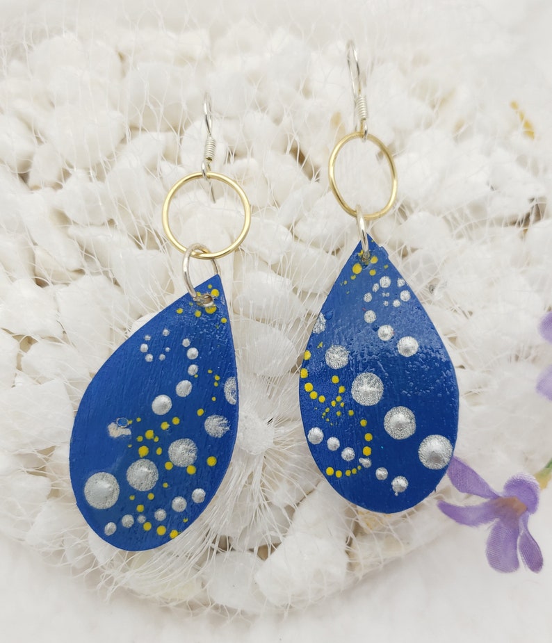 Blue Hand Painted Wooden Earrings | Wooden Boho Earrings | Statement ...