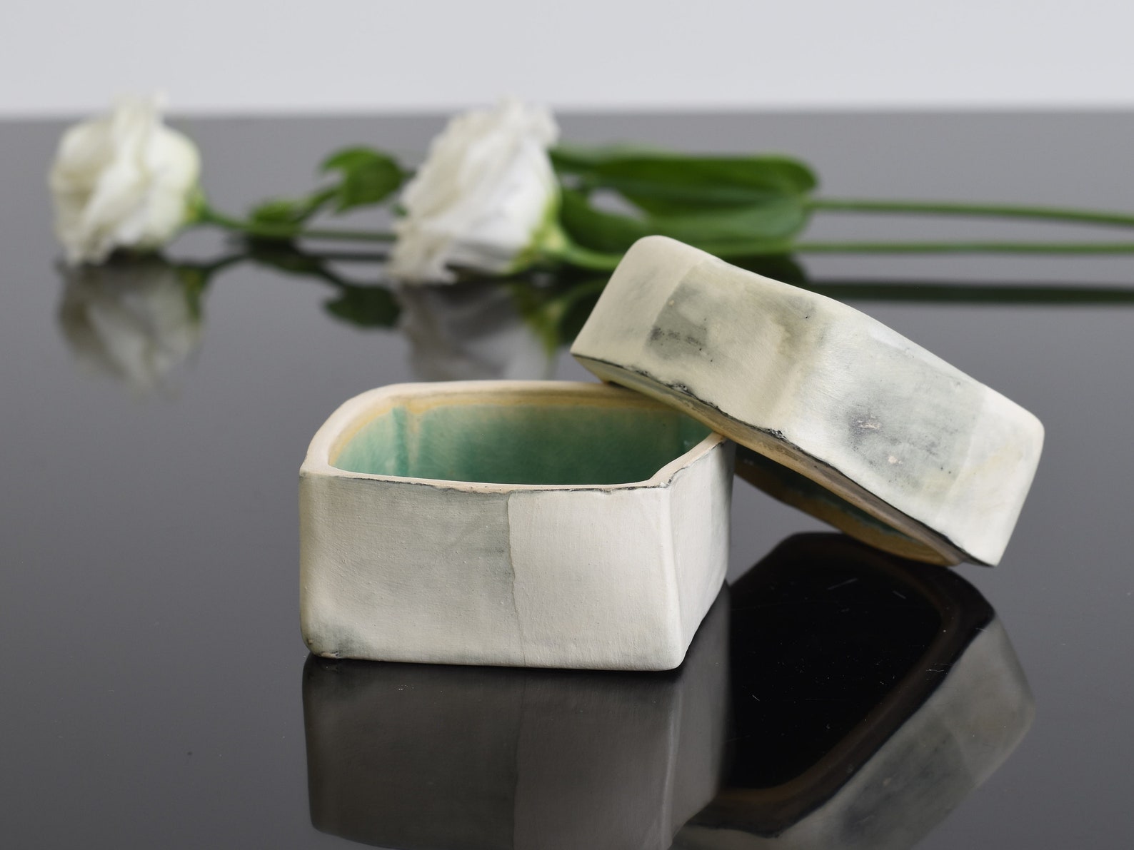 Two Small Boxes, Gray Ceramic Ring Boxes With Turquoise Glaze Inside - Etsy