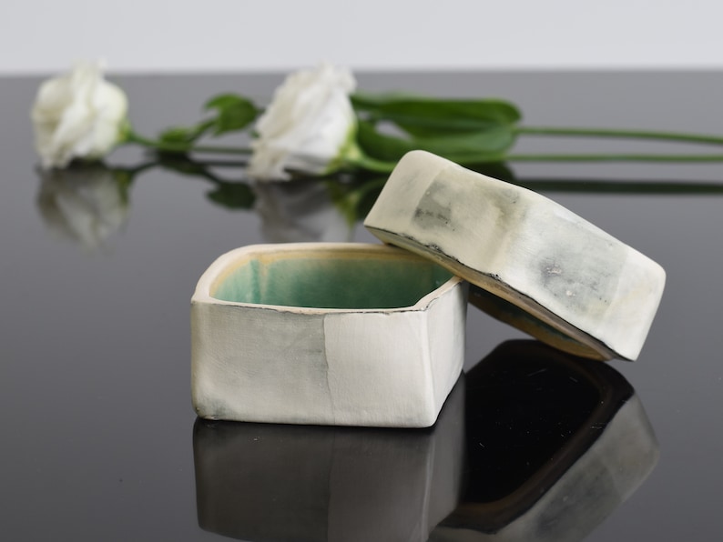Two Small Boxes, Gray Ceramic Ring Boxes With Turquoise Glaze Inside - Etsy