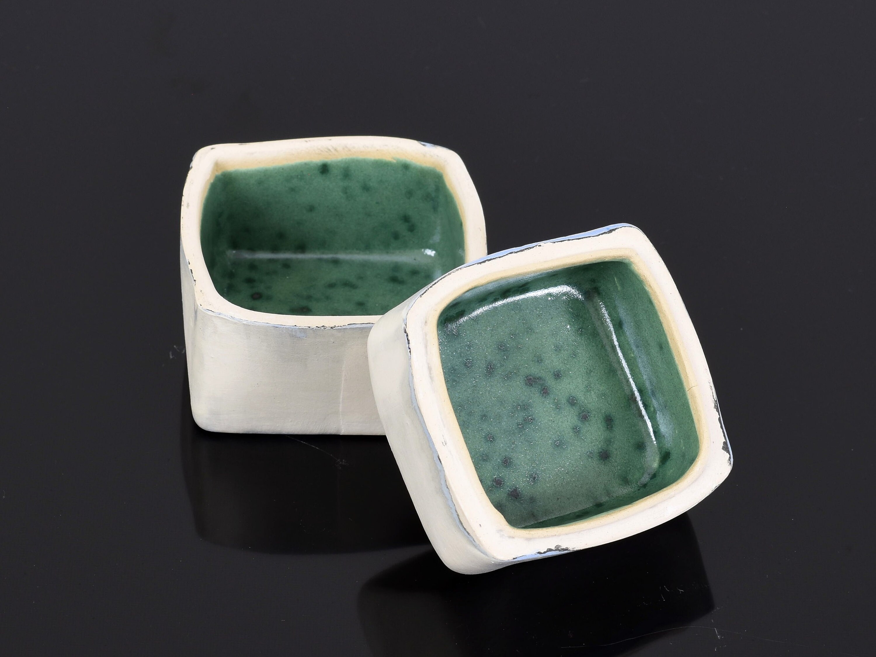 Two Small Boxes, Gray Ceramic Ring Boxes With Turquoise Glaze Inside - Etsy