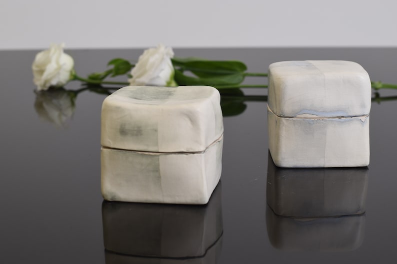 Two Small Boxes, Gray Ceramic Ring Boxes With Turquoise Glaze Inside - Etsy