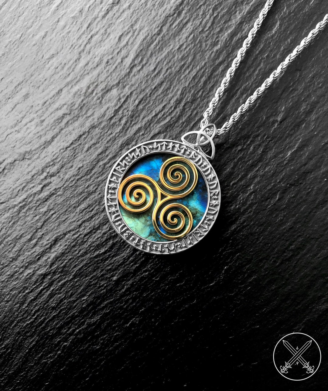 Gold and Silver Triskelion Pendant / Necklace With Labradorite Gemstone ...
