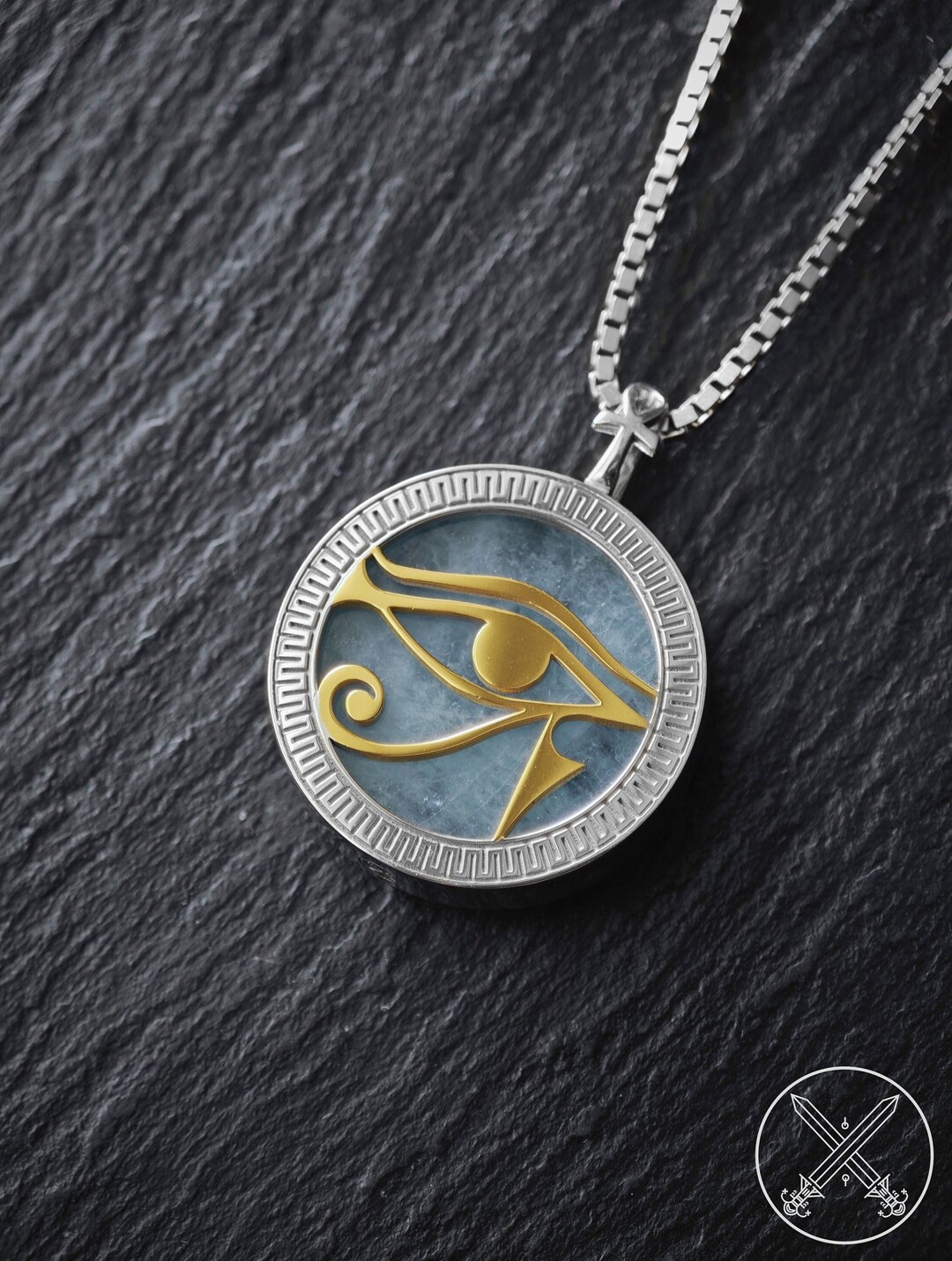 Gold and Silver Eye of Ra Pendant / Necklace With Aquamarine Gemstone ...