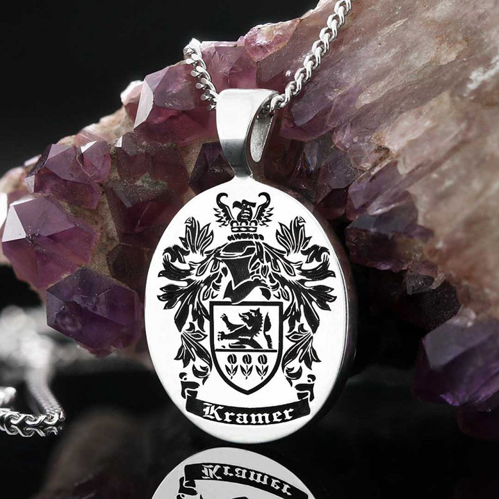 Custom Family Crest Necklace: Engraved Sterling Silver Oval Pendant - Etsy