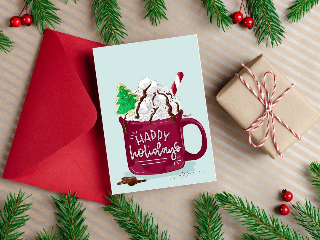 Happy Holidays Mug Christmas Card Festive Cocoa Cup Holiday - Etsy
