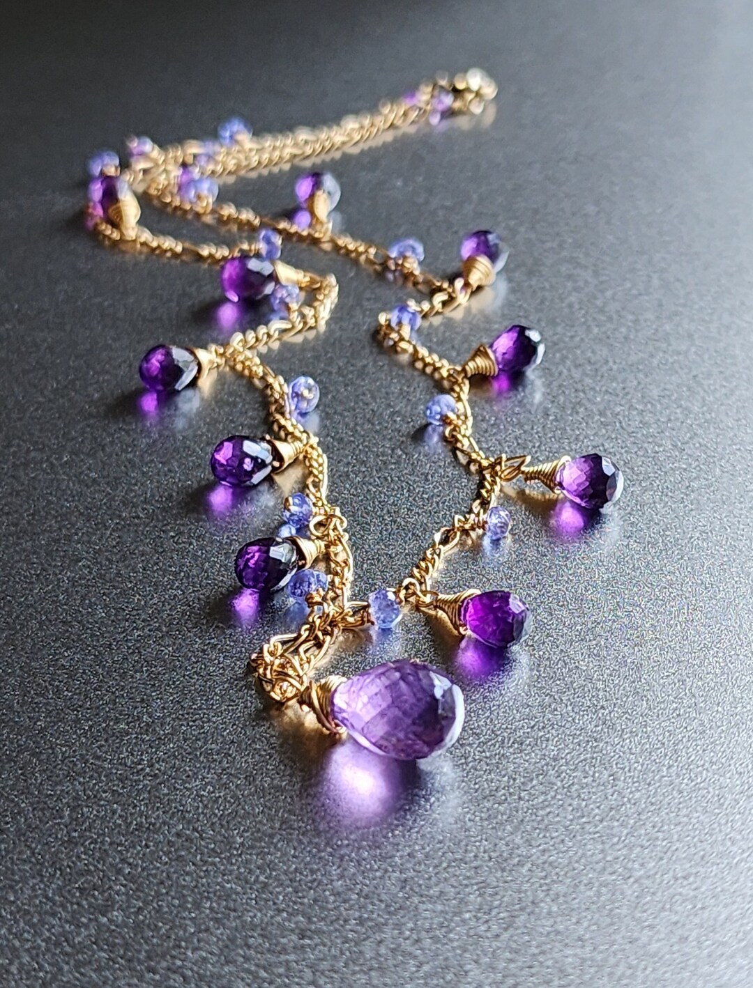 Gold Amethyst Necklace Amethyst Drop Necklace Purple Gemstone Necklace ...