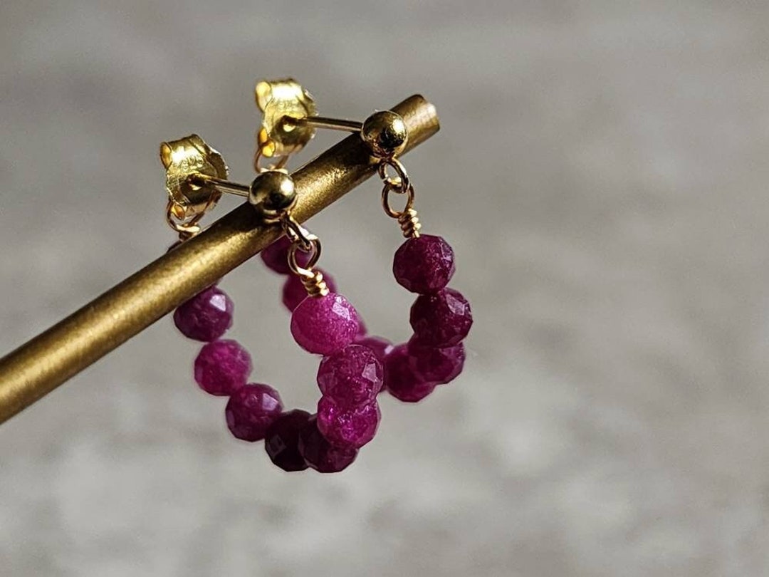 Natural Ruby Stud Earrings Corundum Mini Hoops Genuine Ruby 14K Gold Studs Pink Ruby Gemstone ...