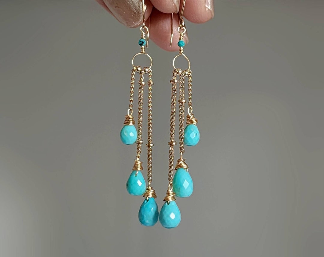 Natural Turquoise Long Earrings Turquoise Cascade Dangle Earrings Gold ...