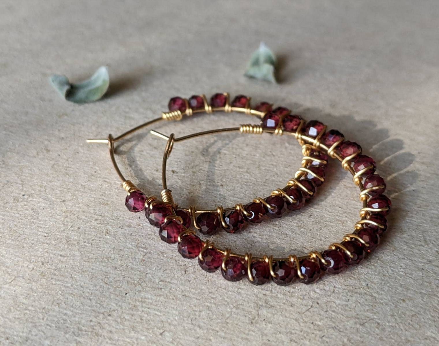 Natural Garnet Hoop Earrings Gold Garnet Earrings Garnet - Etsy