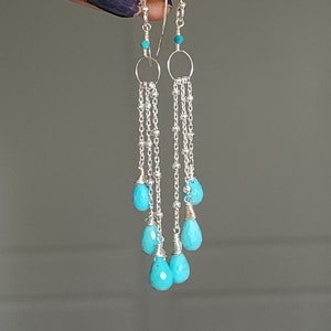 Natural Turquoise Long Earrings Turquoise Cascade Dangle Earrings Gold Turquoise Cluster ...