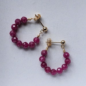 Natural Ruby Stud Earrings Corundum Mini Hoops Genuine Ruby 14K Gold Studs Pink Ruby Gemstone ...