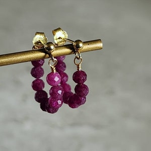 Natural Ruby Stud Earrings Corundum Mini Hoops Genuine Ruby 14K Gold Studs Pink Ruby Gemstone ...