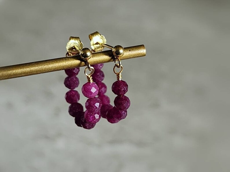 Natural Ruby Stud Earrings Corundum Mini Hoops Genuine Ruby 14K Gold ...