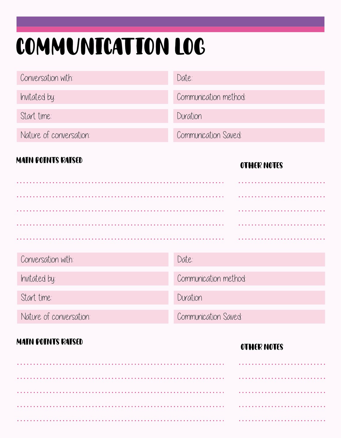 Parent Teacher Communication Log JPG Template - Communication Log for ...