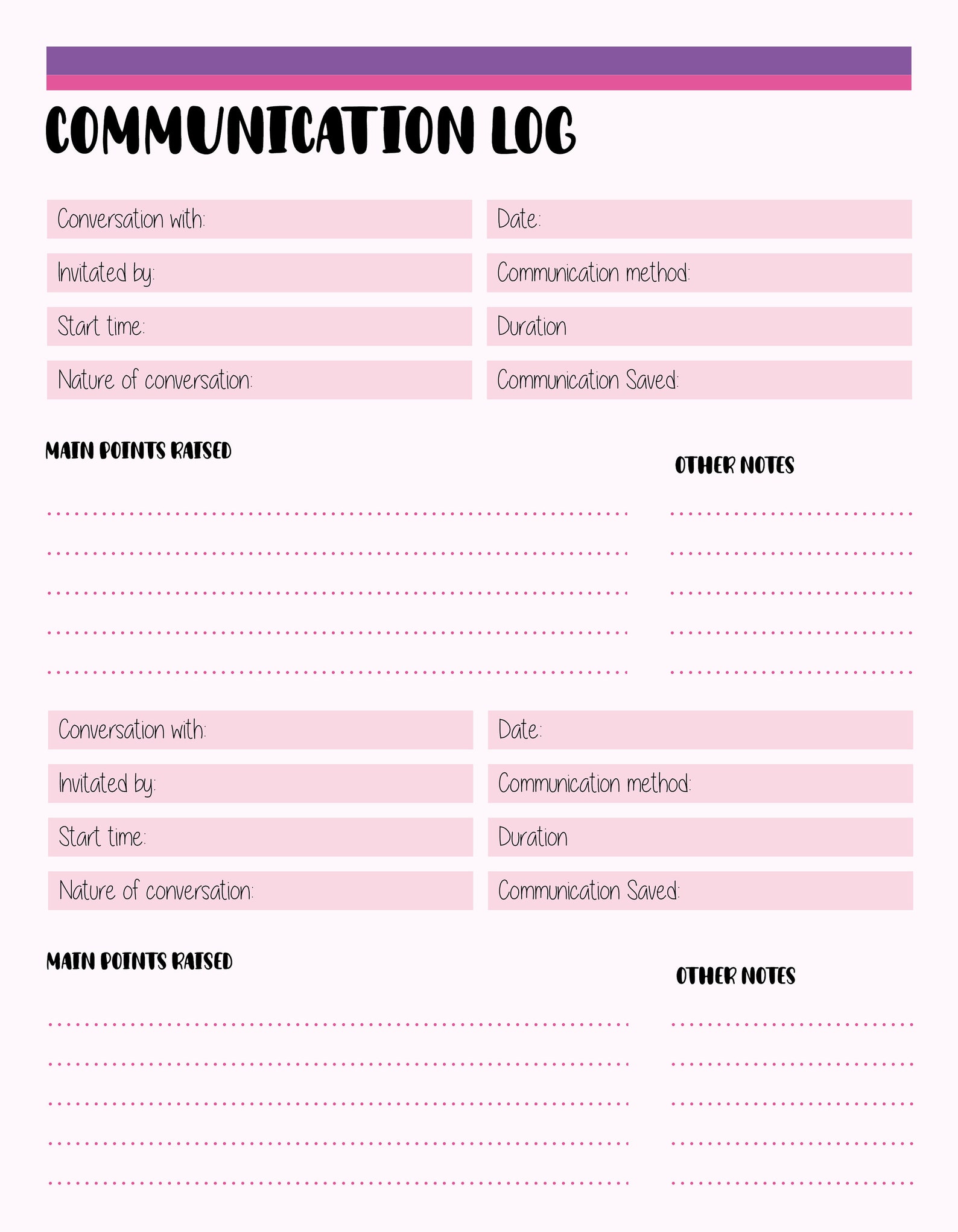 Parent Teacher Communication Log JPG Template - Communication Log for ...