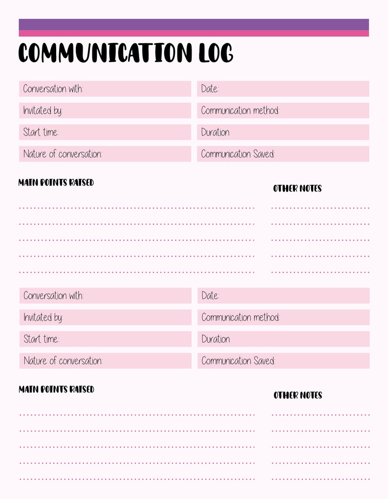 Parent Teacher Communication Log JPG Template - Communication Log for ...