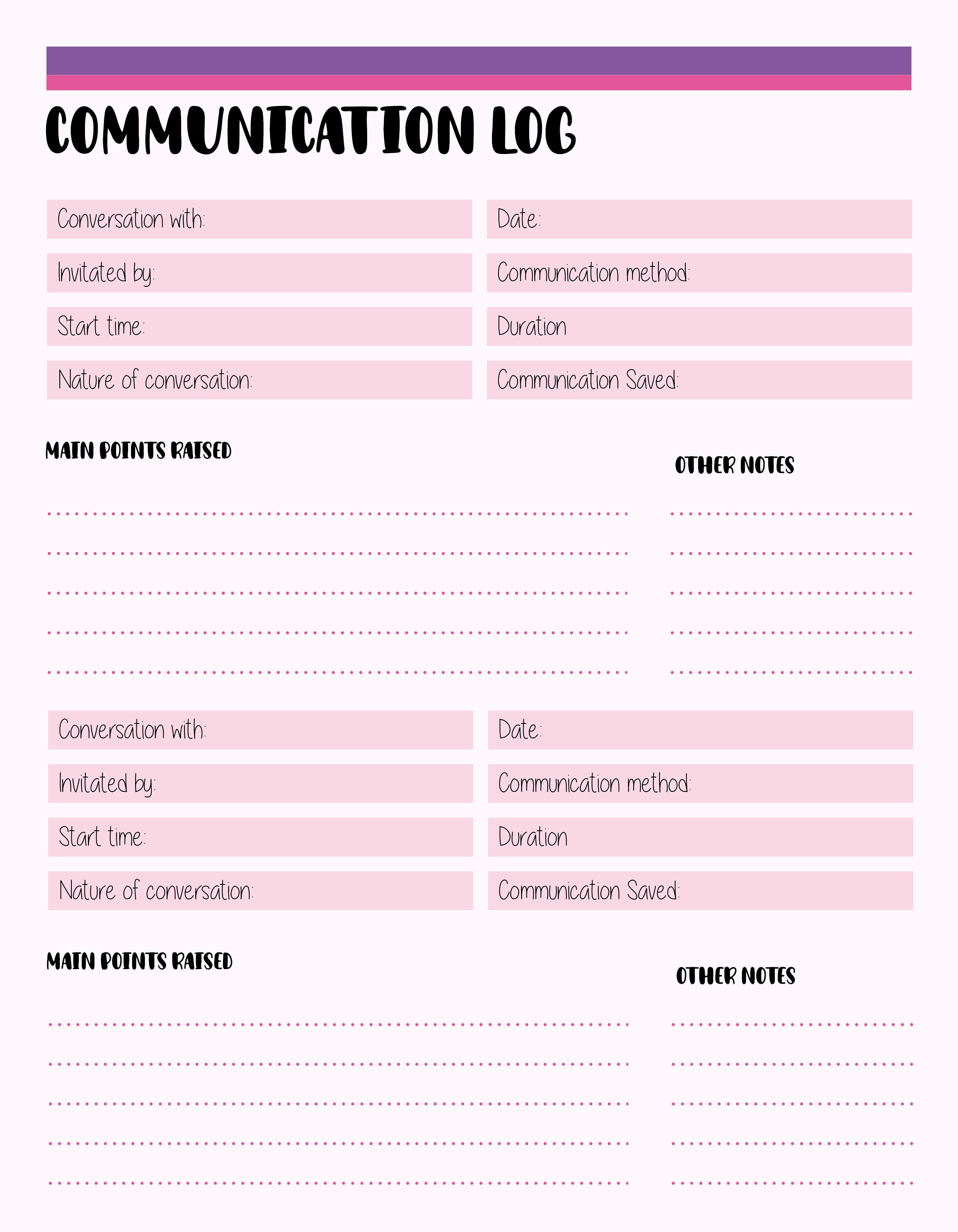 Parent Teacher Communication Log JPG Template - Communication Log for ...