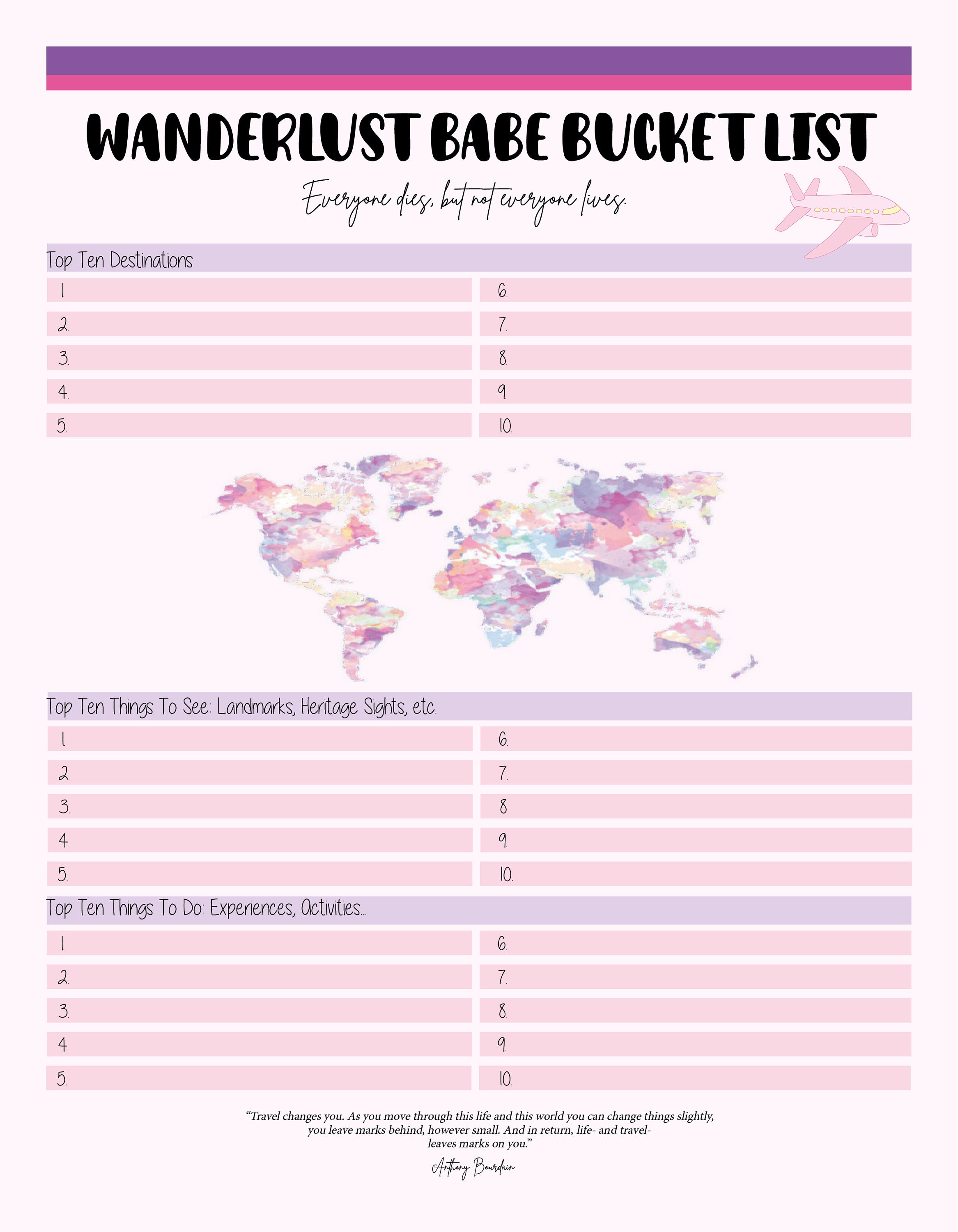 Downloadable Destination Bucket List Template - Pink & Purple Tone ...